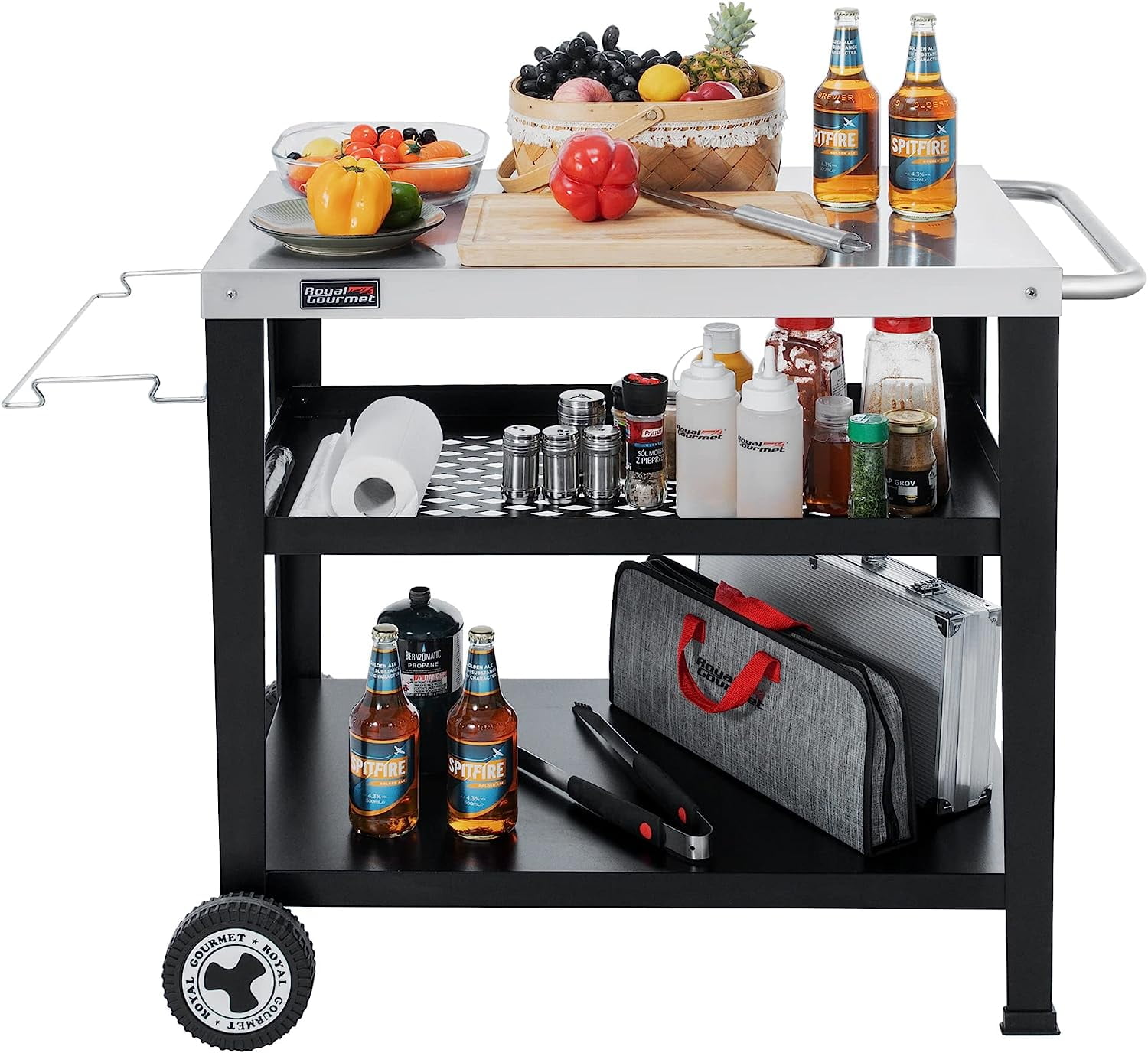 Movable 3-Shelf Grill Cart with Wheels, 33.5" L x 20" W Stainless Steel ...