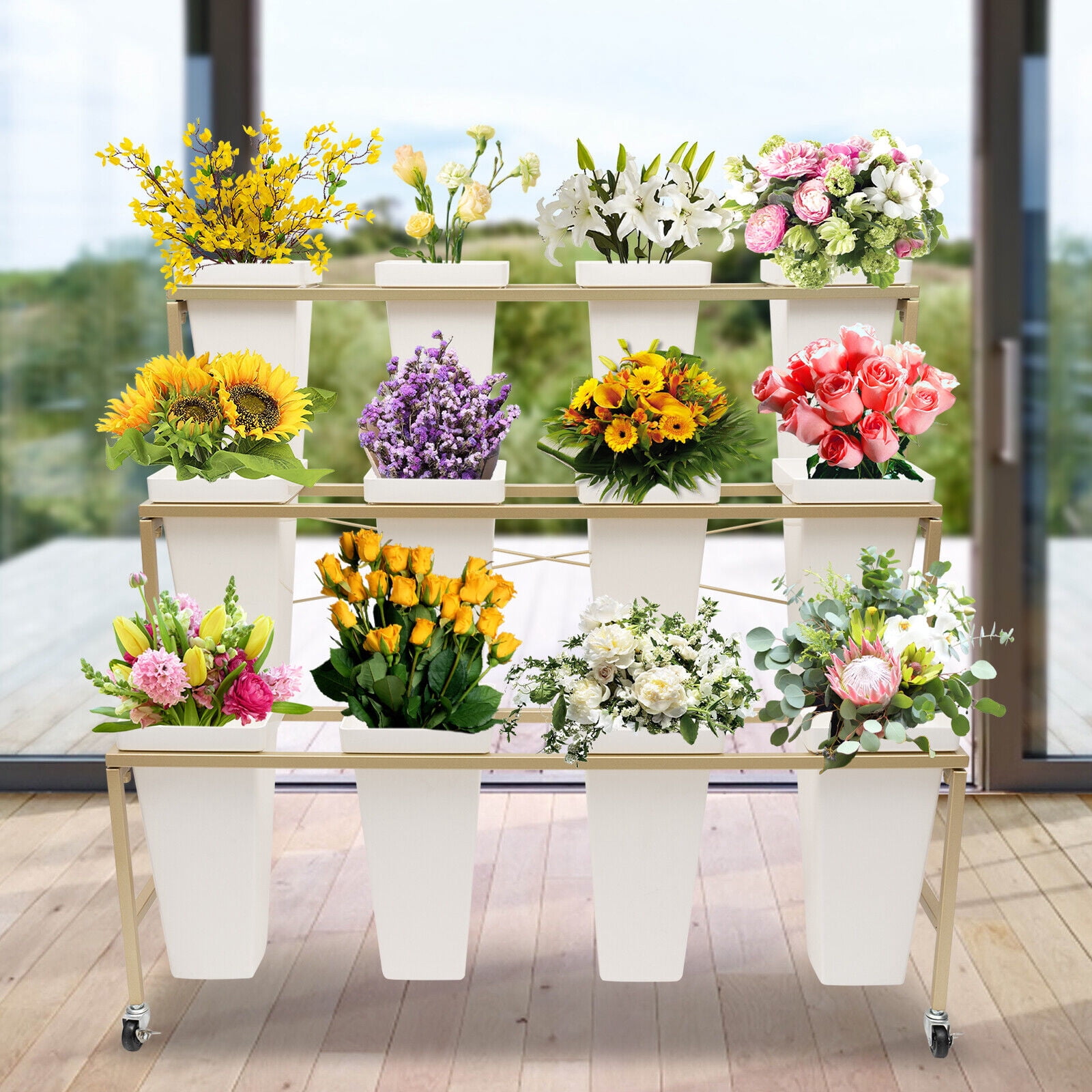 3-layer Metal Plant Stand Shelf Flower Display Stand W/12 Buckets ...