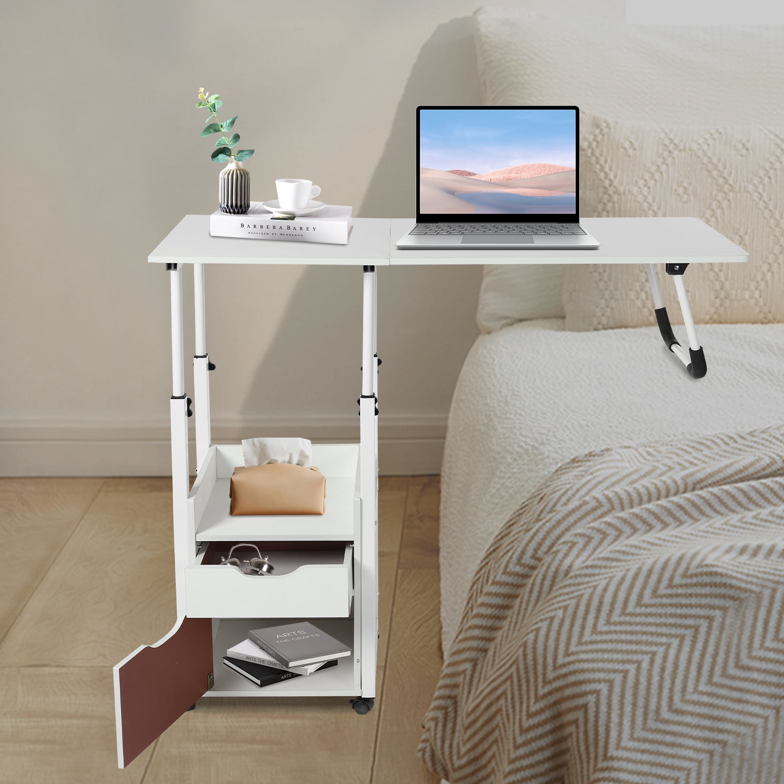 Movable Bedside Table, Overbed Table with Wheels, Height Adjustable ...
