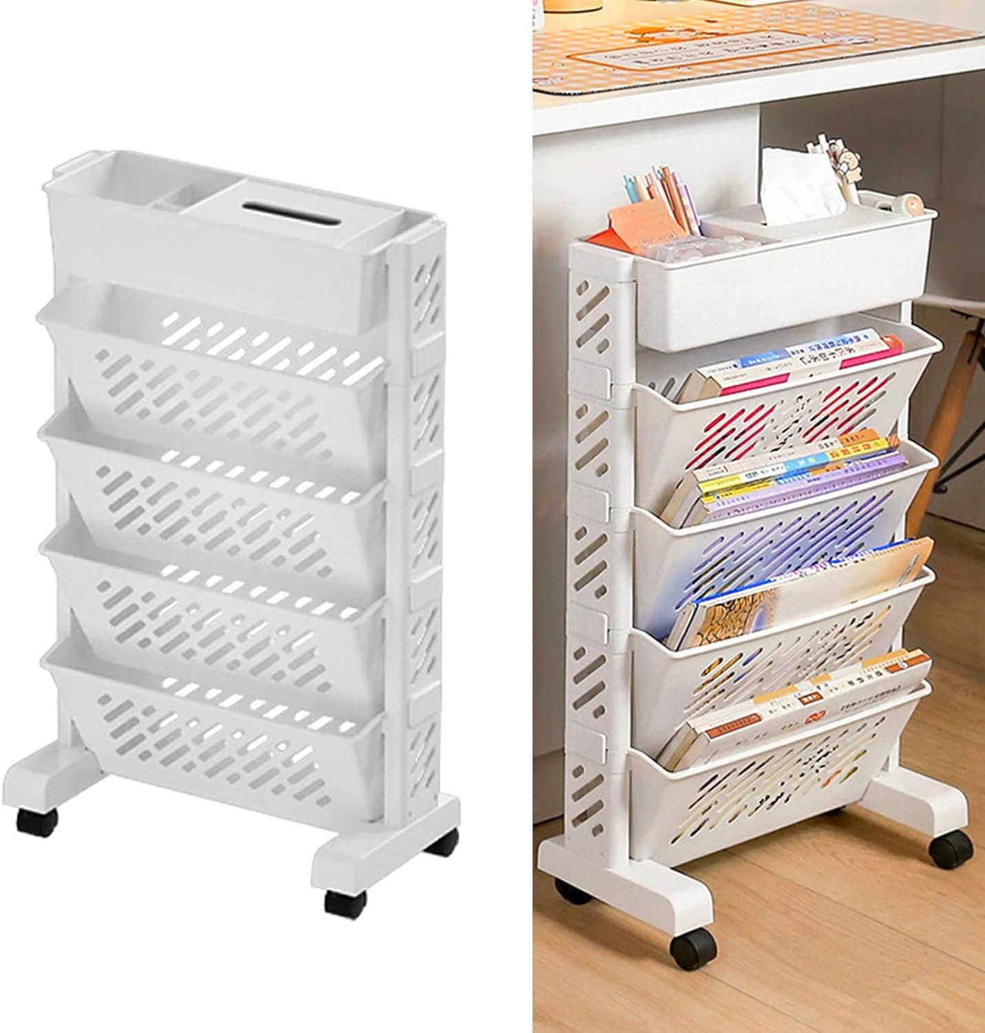 Movable Bookshelf Bookcase Removable Book Rack Plastic Rolling Storage ...