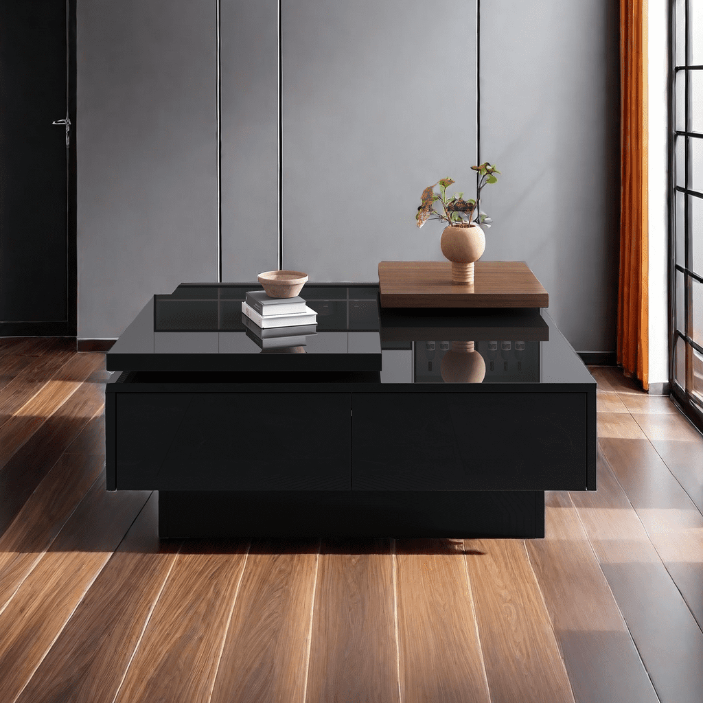 Movable Coffee Table Square High Gloss Surface, with 4 Hidden Storage ...