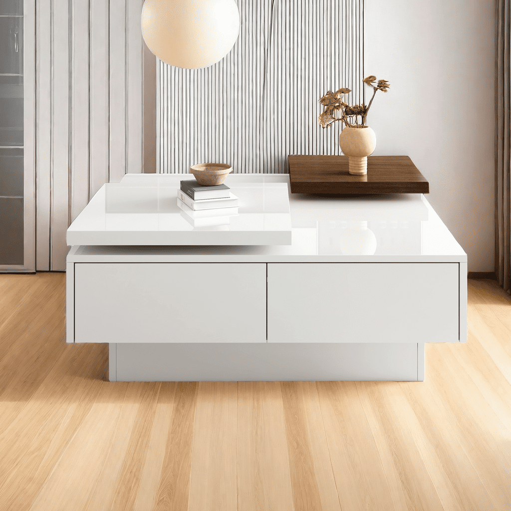 Movable Coffee Table Square High Gloss Surface, with 4 Hidden Storage ...