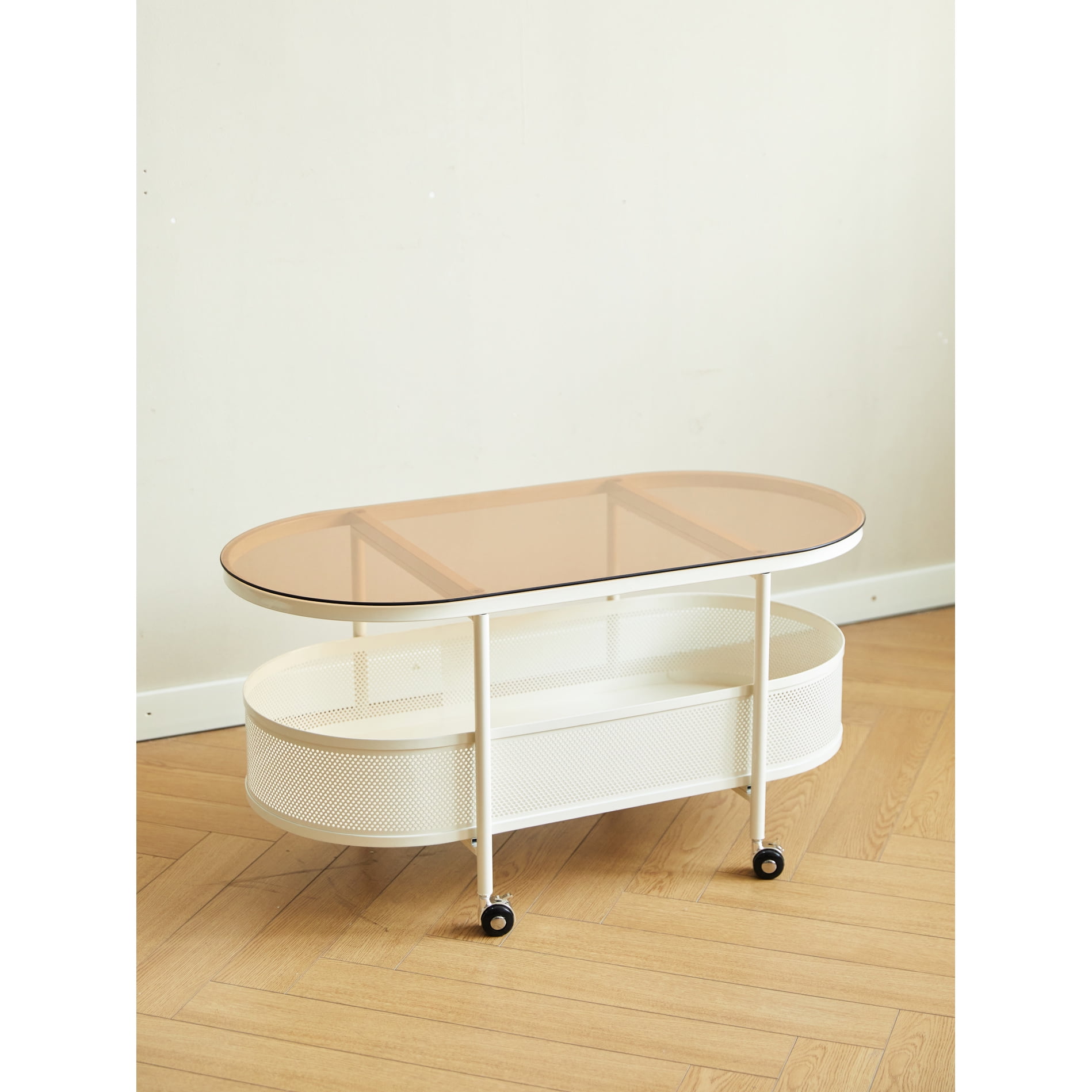 Movable Coffee Table With Storage - Tempered Brown Glass & Metal, 35 ...