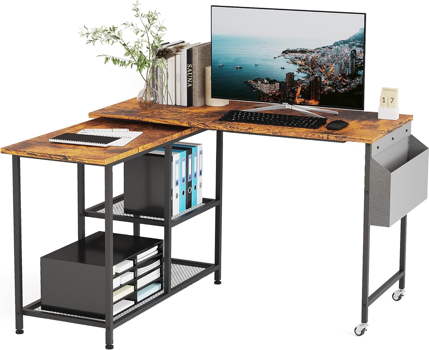 Movable Desk, 360° Rotating Desk, L Shaped Desk with Storage, Couch ...