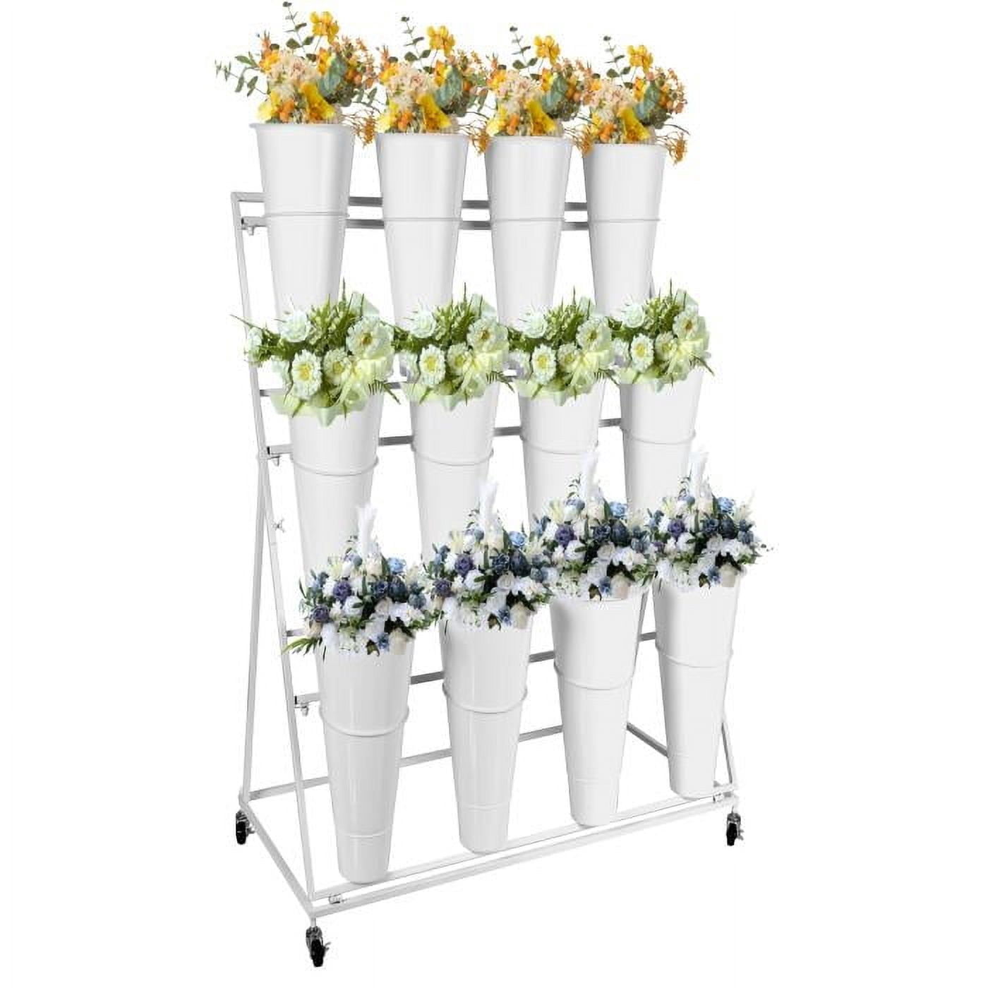 Movable Flower Display Stand, 3 Layers Iron, 12 White Buckets, 4 Wheels ...