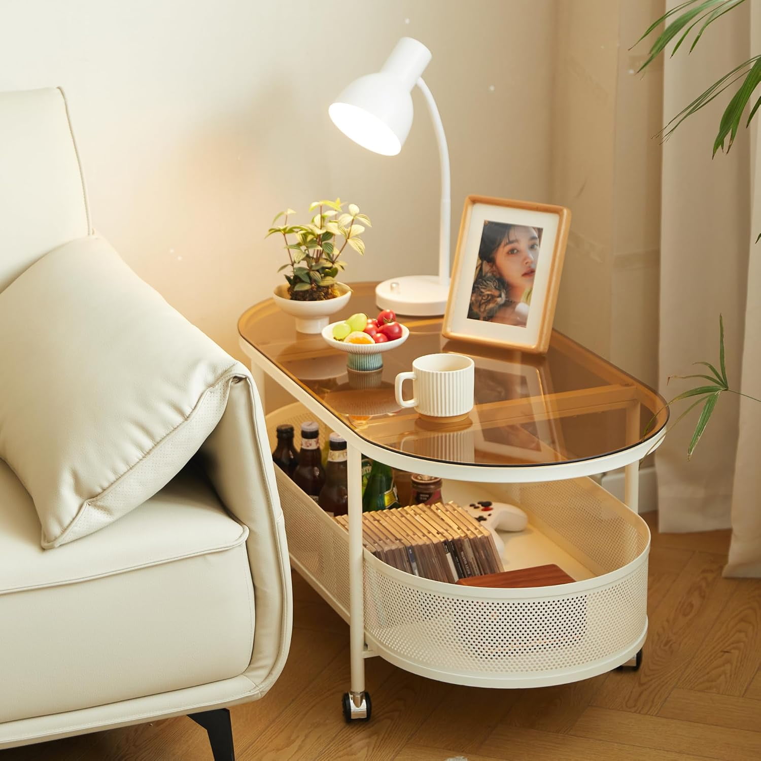 Movable Glass Coffee Table with Storage Modern Oval Living Room Center ...