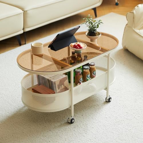 Movable Glass Coffee Table with Storage Modern Oval Living Room Center ...
