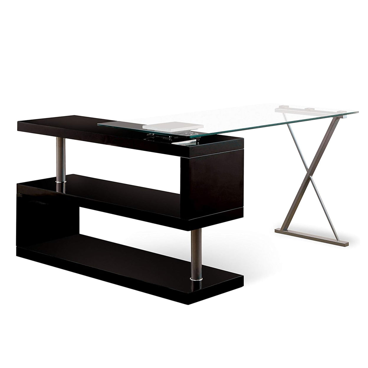 Movable Glass Top Desk with X Shaped Side Panel, Black and Clear ...
