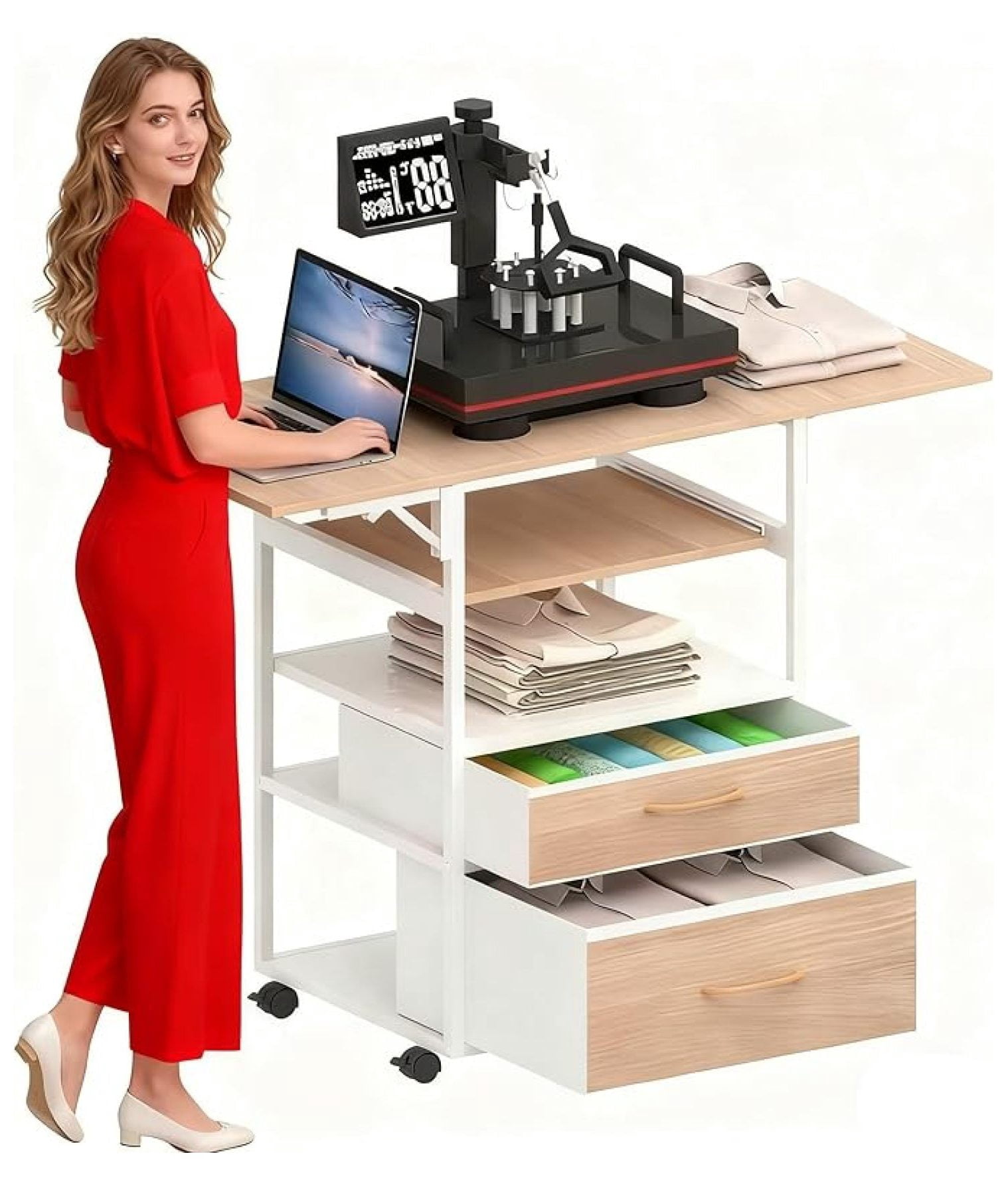 Movable Heat Press Table with Pull-Out Tray, 4 Tier Foldable Stand ...
