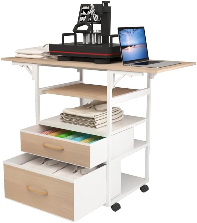 Movable Heat Press Table with Storage Drawers - Locking Wheels ...