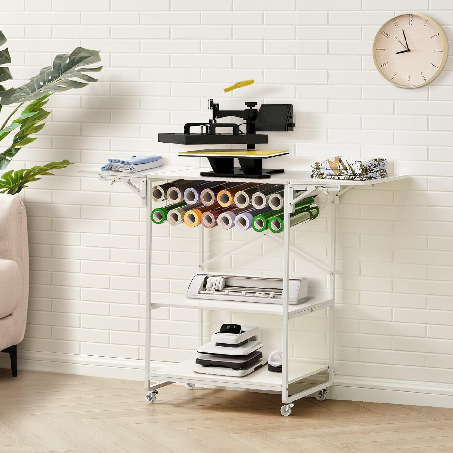 Movable Heat Press Table w/Vinyl Roll Holder, Folding Shelf | 3-Tier ...