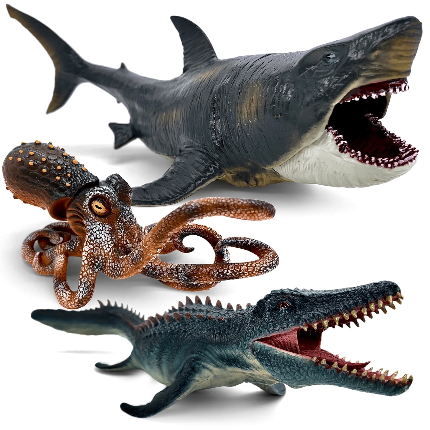 Movable Jaw Ocean Animal Set – 13" Mosasaurus, 10.6" Megalodon Shark ...