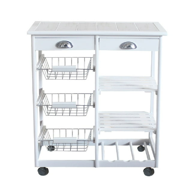Movable Kitchen Cart with Two Drawers, Three Shelves and Three Baskets ...