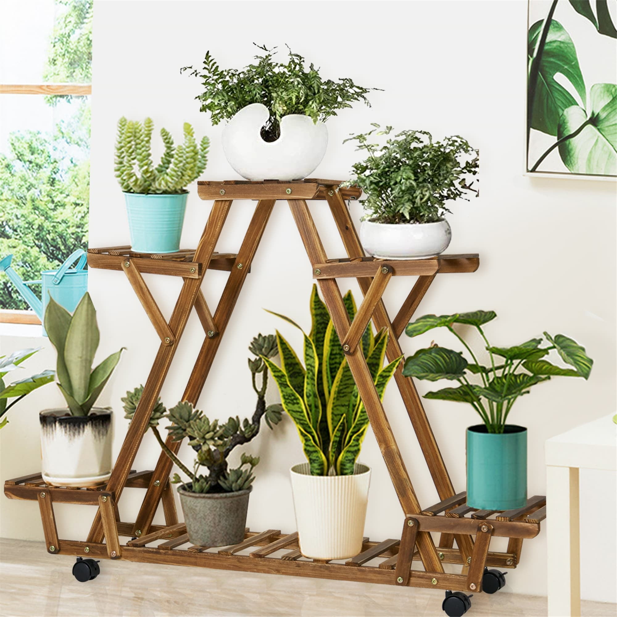 Movable Outdoor Ladder Plant Stand Garden Wood Rack with 6 Tiers ...