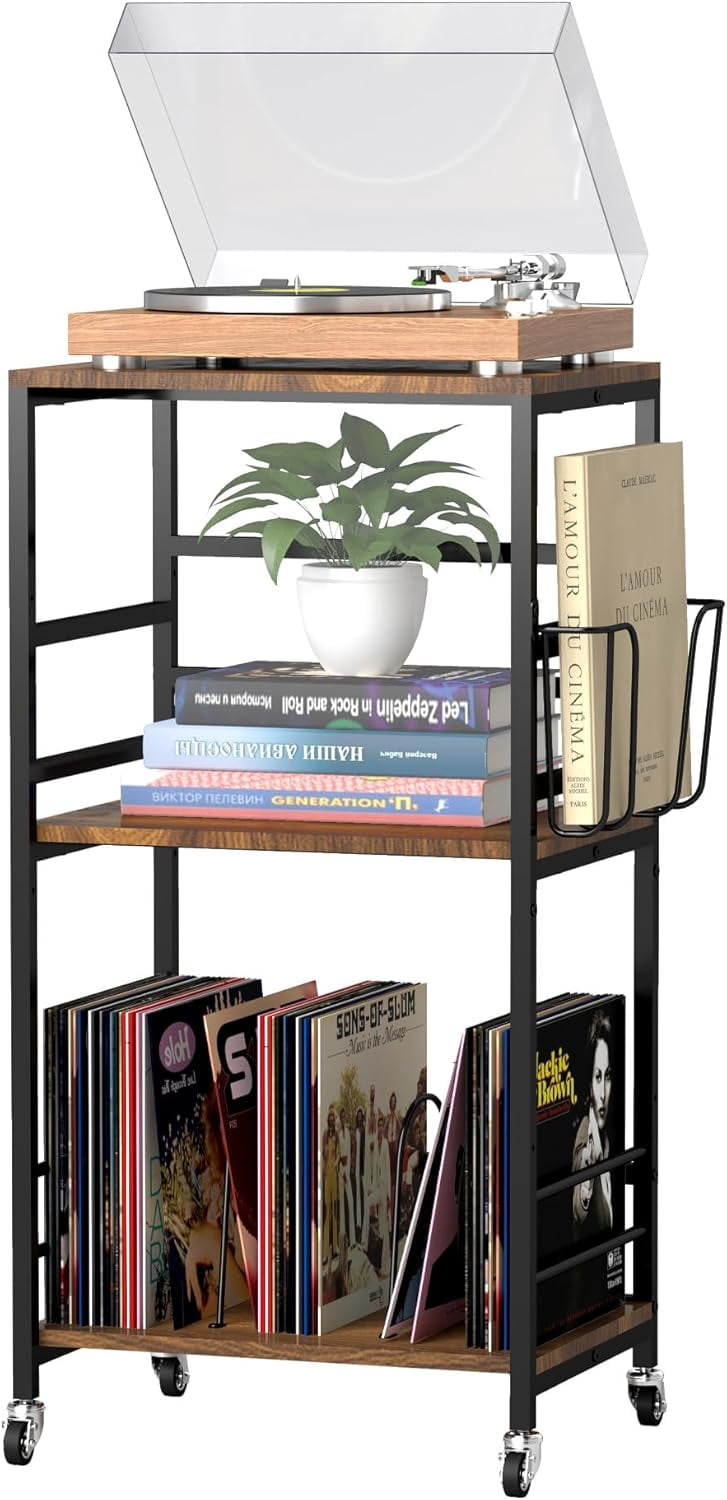Movable Record Player Stand with Vinyl Storage Display Shelf Up to 150 ...