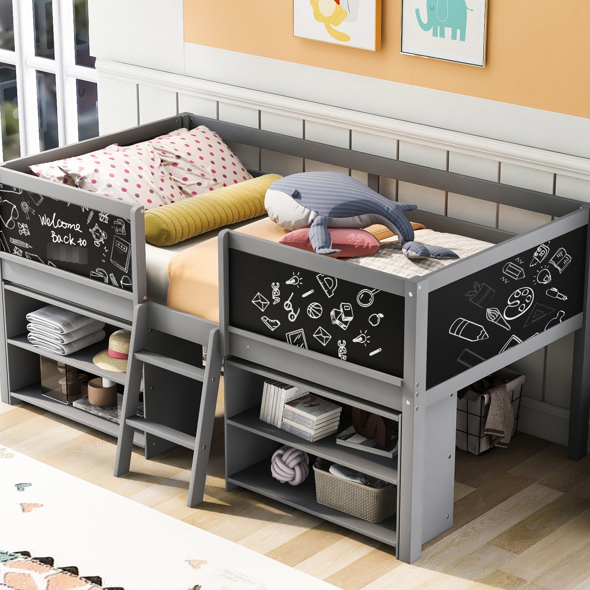 Movable Shelves Twin Size Low Loft Bed With Chalkboard, In Grey Shade ...