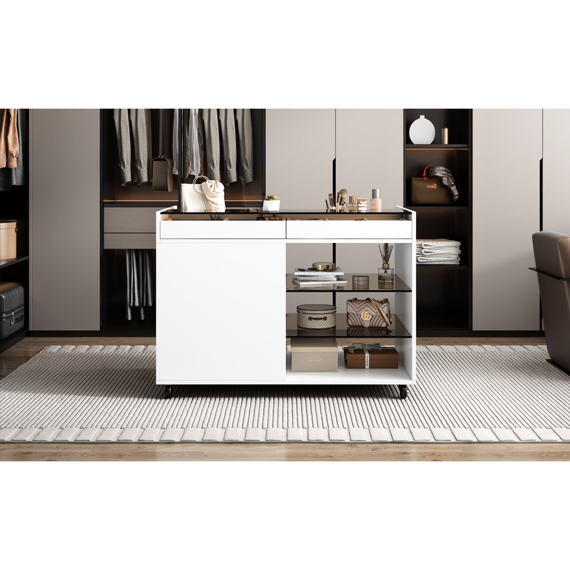 Movable Storage Island, White, With 3 Side Drawers & 2 Glass Shelves ...