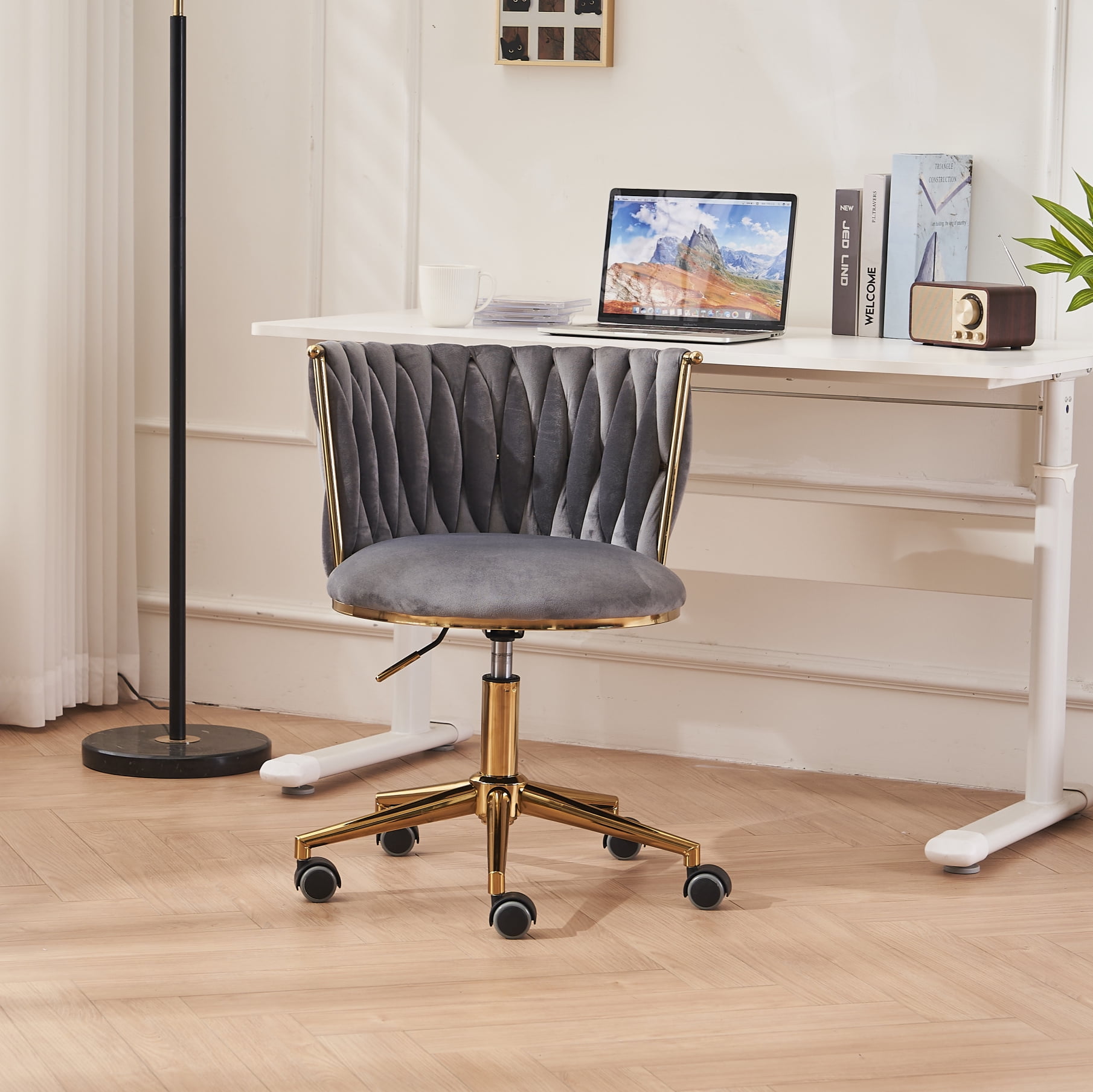 Movable Upholstered Office Chair with Hand Woven Backrest and ...