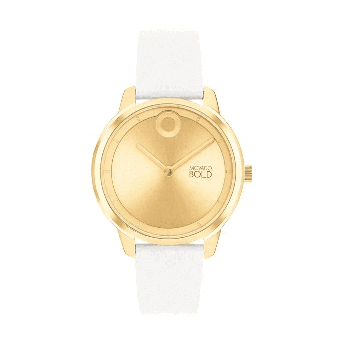 Movado 3600985 Trend Element Gold Dial White Leather Strap Womens Watch ...