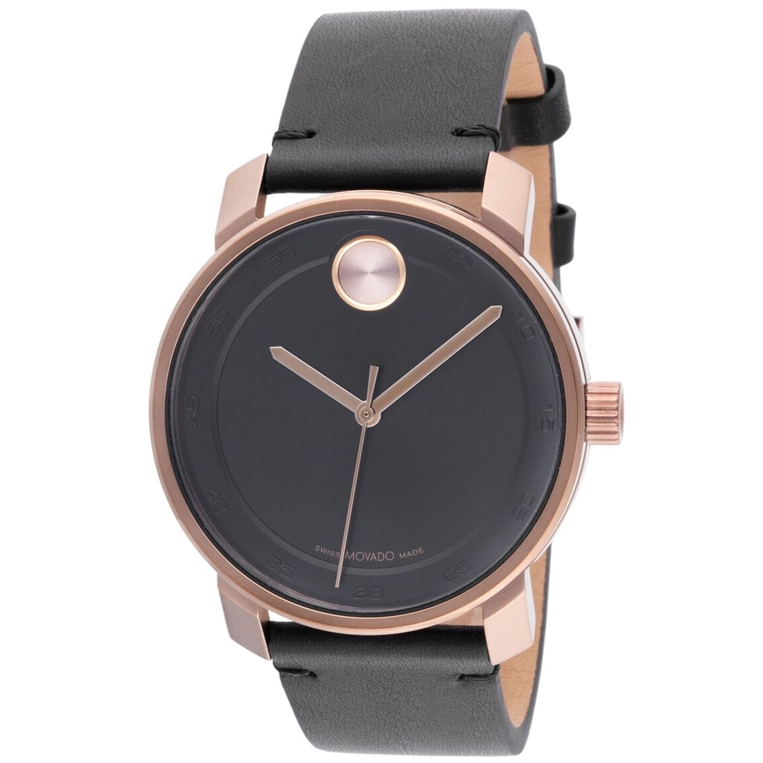 Movado Men's Watch, Black Dial, Rose Gold Tone Case, Leather Strap ...