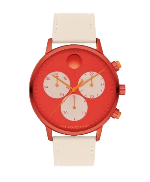 Movado Face 3640150 Red Dial Champagne Vegan Leather Strap 43mm Case ...