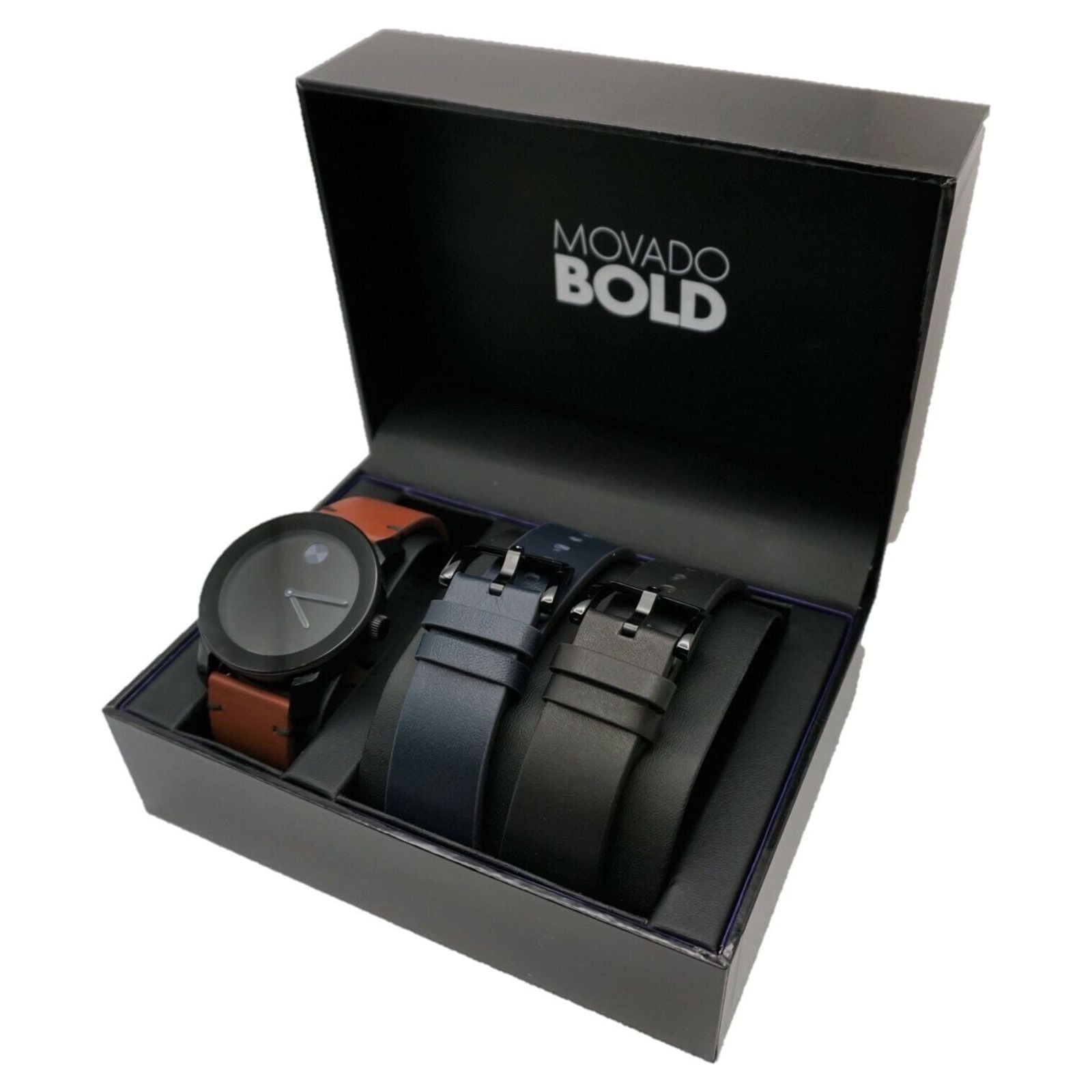 Movado Bold Men's Watch Gift Set with Black Dial and Brown/Blue/Black ...