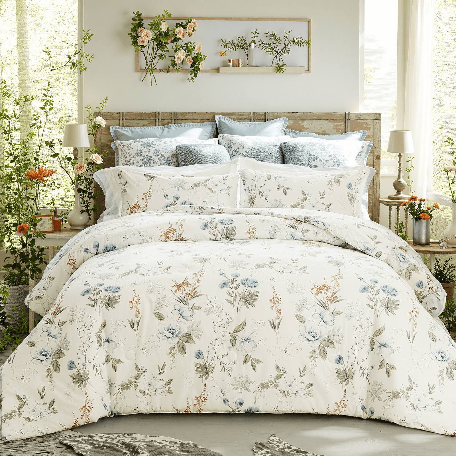 Move Over Blue Floral Duvet Cover Set Queen Size 3 Pieces Reversiable ...