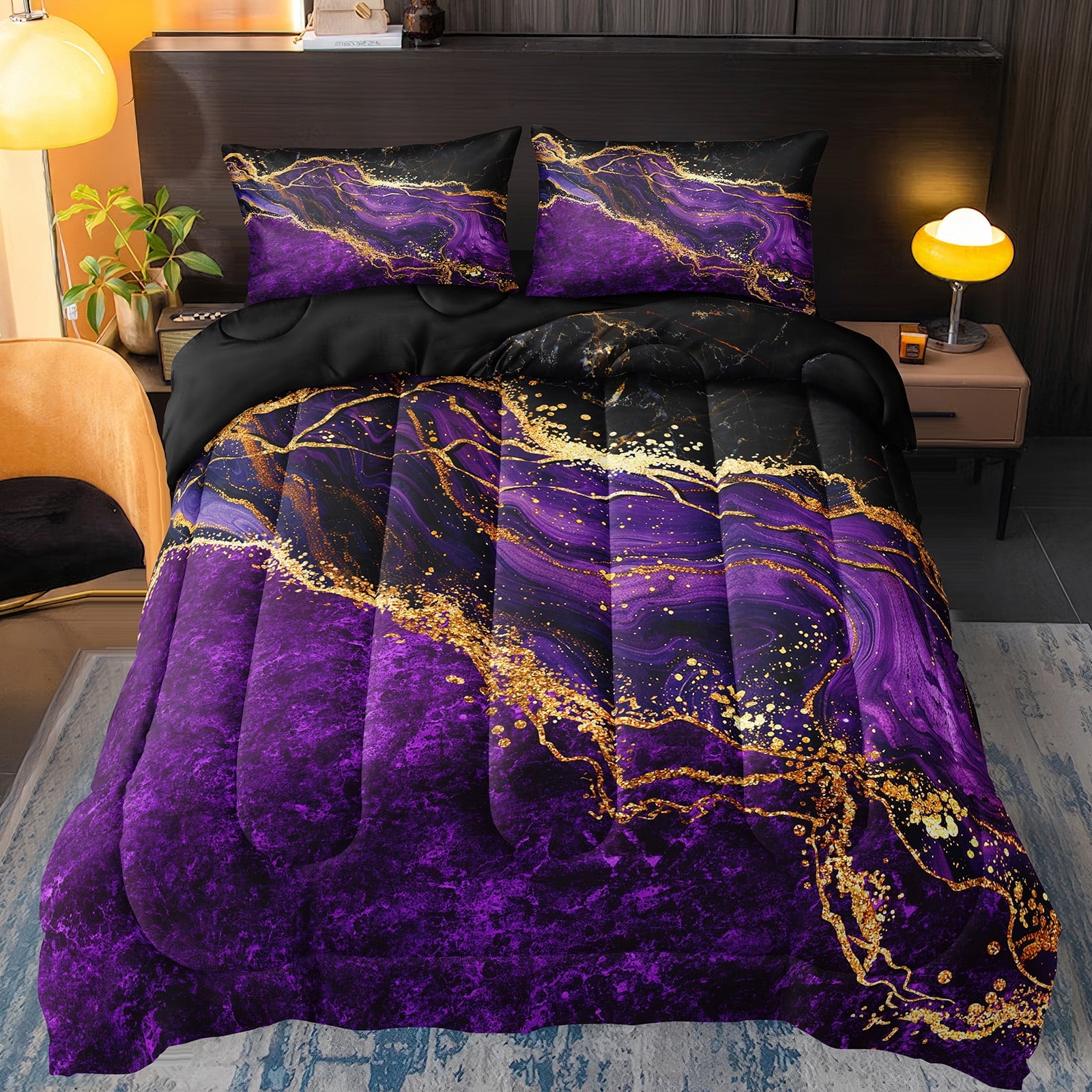 Move Over 4 Pieces Purple Gold Marble Comforter Set King Size Black ...