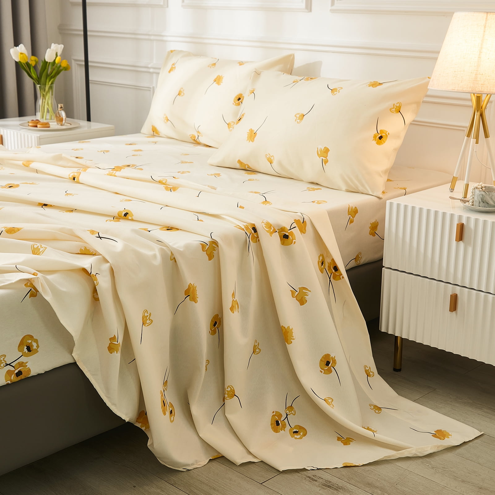 Move Over 4 Pieces Yellow Floral Sheets Full Lucky Clover Pattern Deep ...