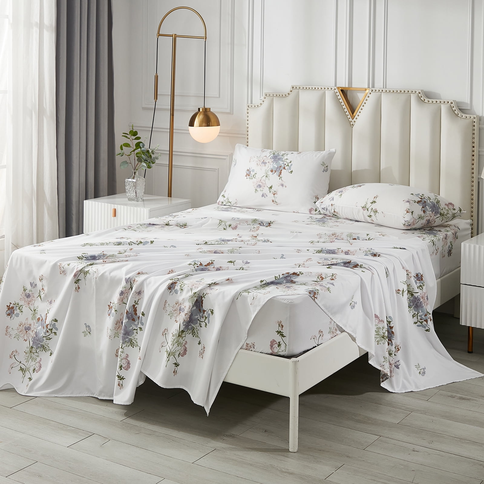 Move Over 4 pcs White Floral Sheet Set Twin Pastoral Style Fitted Sheet ...