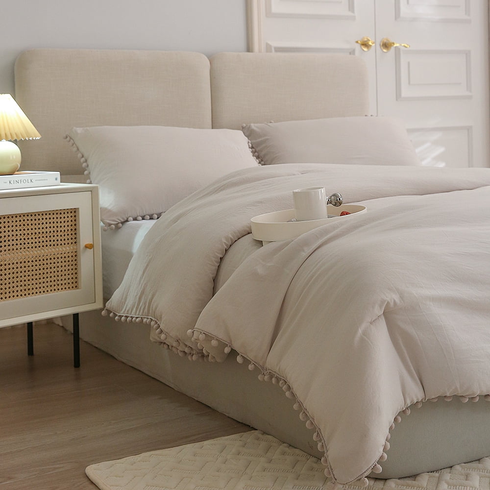 Move Over King Size Beige Grey Solid Comforter Set with Soft Pom Poms ...