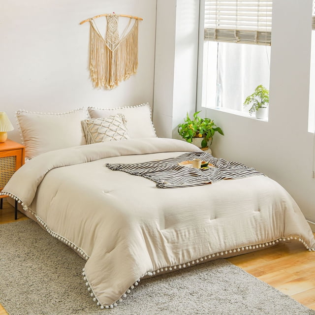 Move Over Beige Grey Comforter Set King Boho Bedding Sets White Pom ...