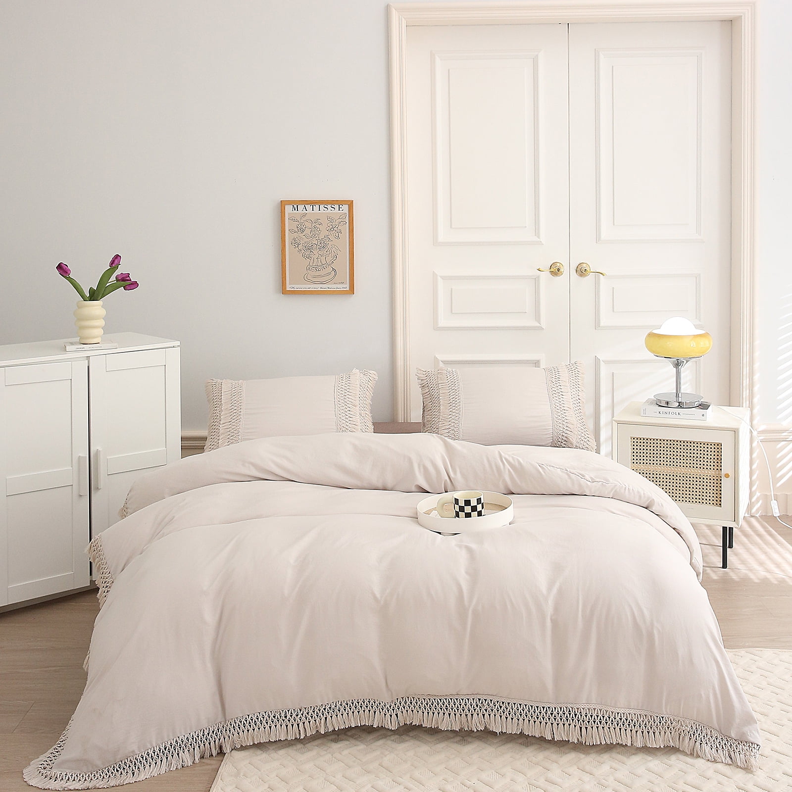 Move Over Beige Grey Macrame Tassel Bedding Sets Twin Washed Microfiber ...