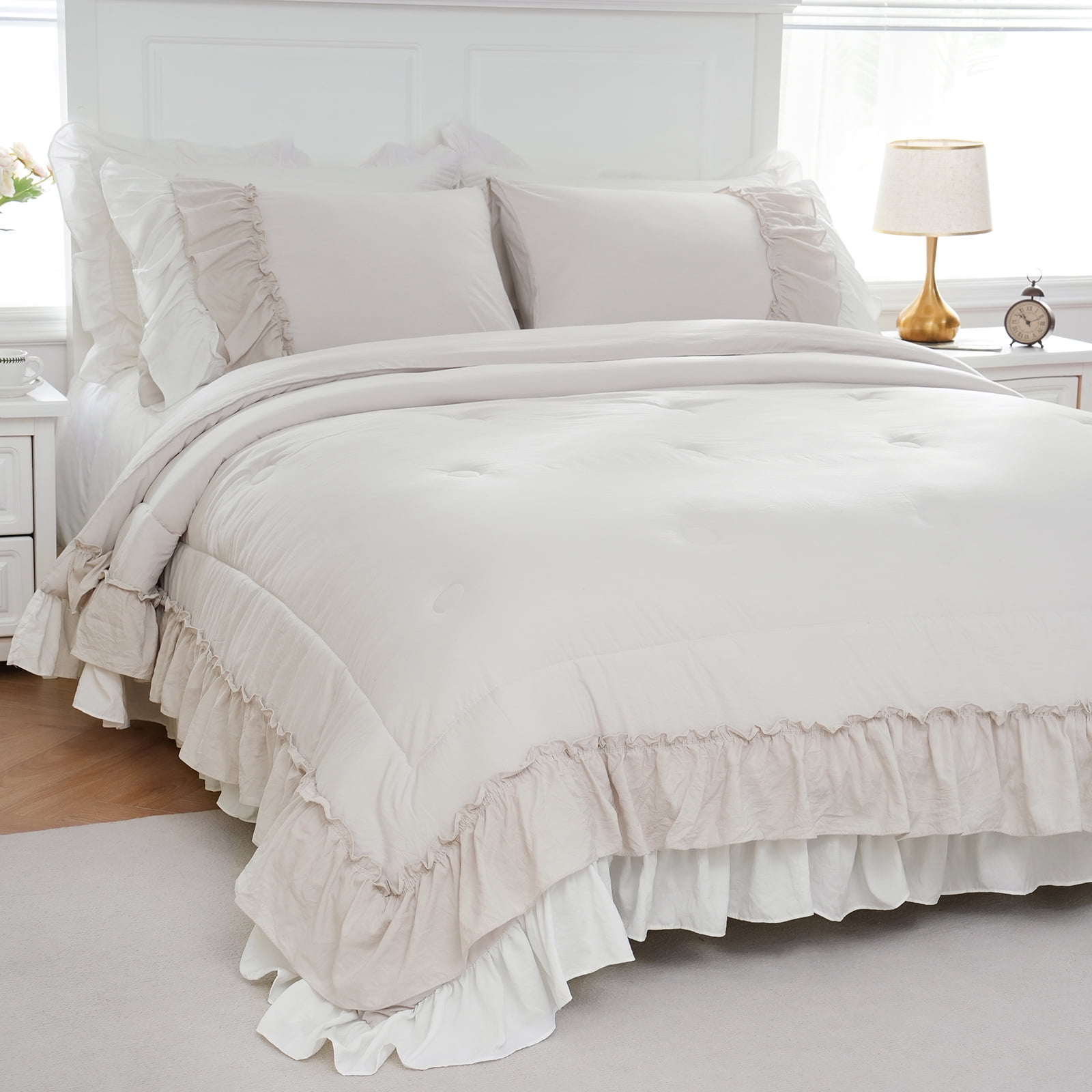 Move Over Beige Grey Ruffle Comforter Set Queen Boho Bedding Sets 2 ...