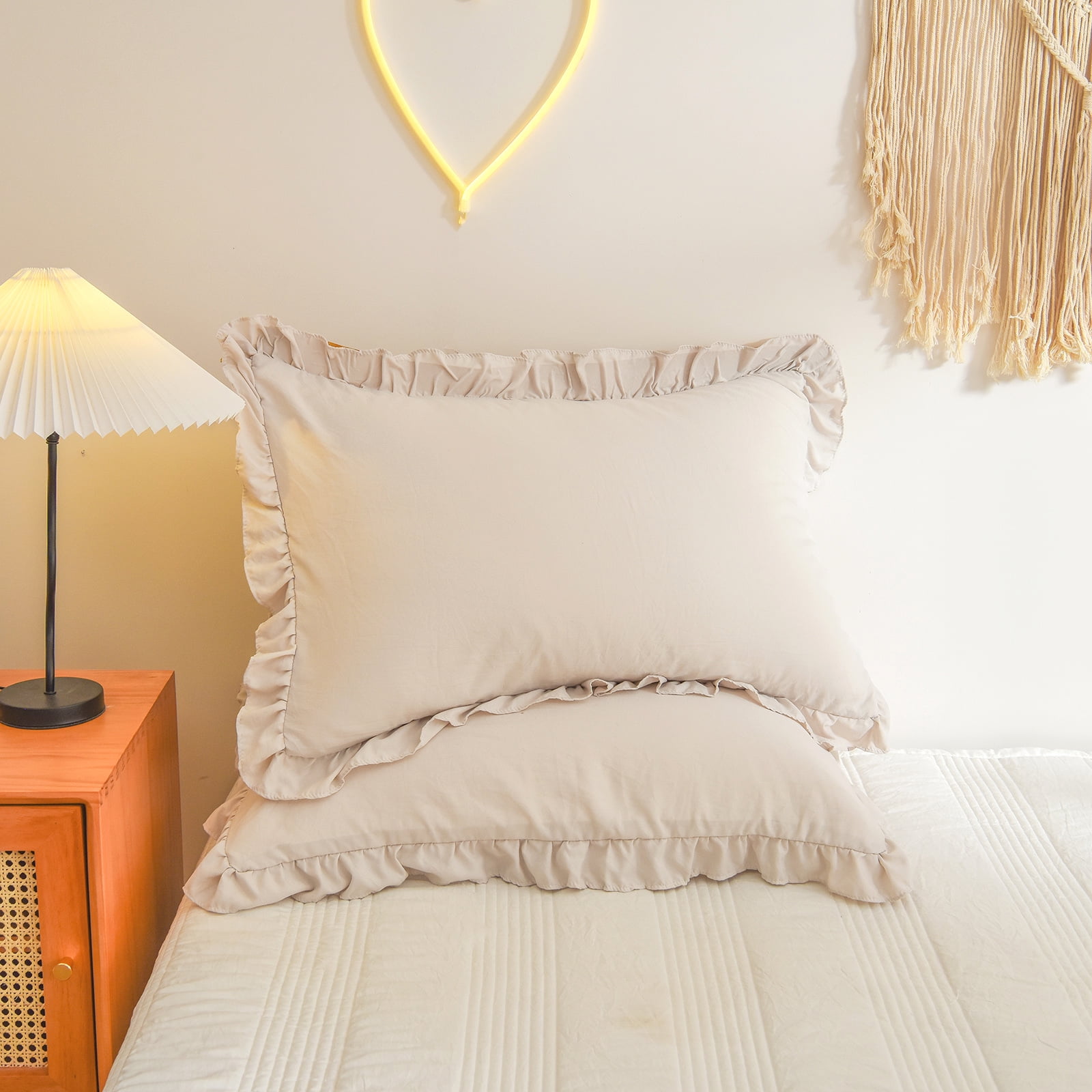 Move Over Beige Grey Ruffle Pillow Shams King Ruffled Pattern Linen ...