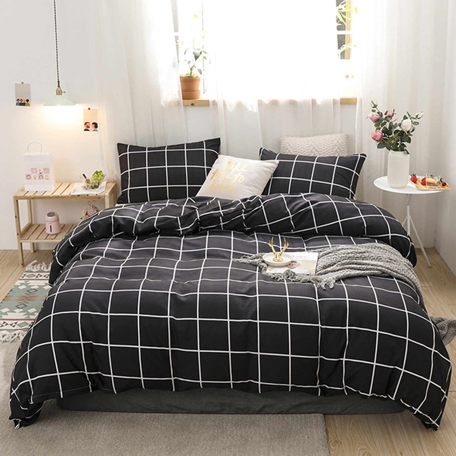 Move Over Black Grid Bedding Sets Twin Black and White Plaid Pattern ...
