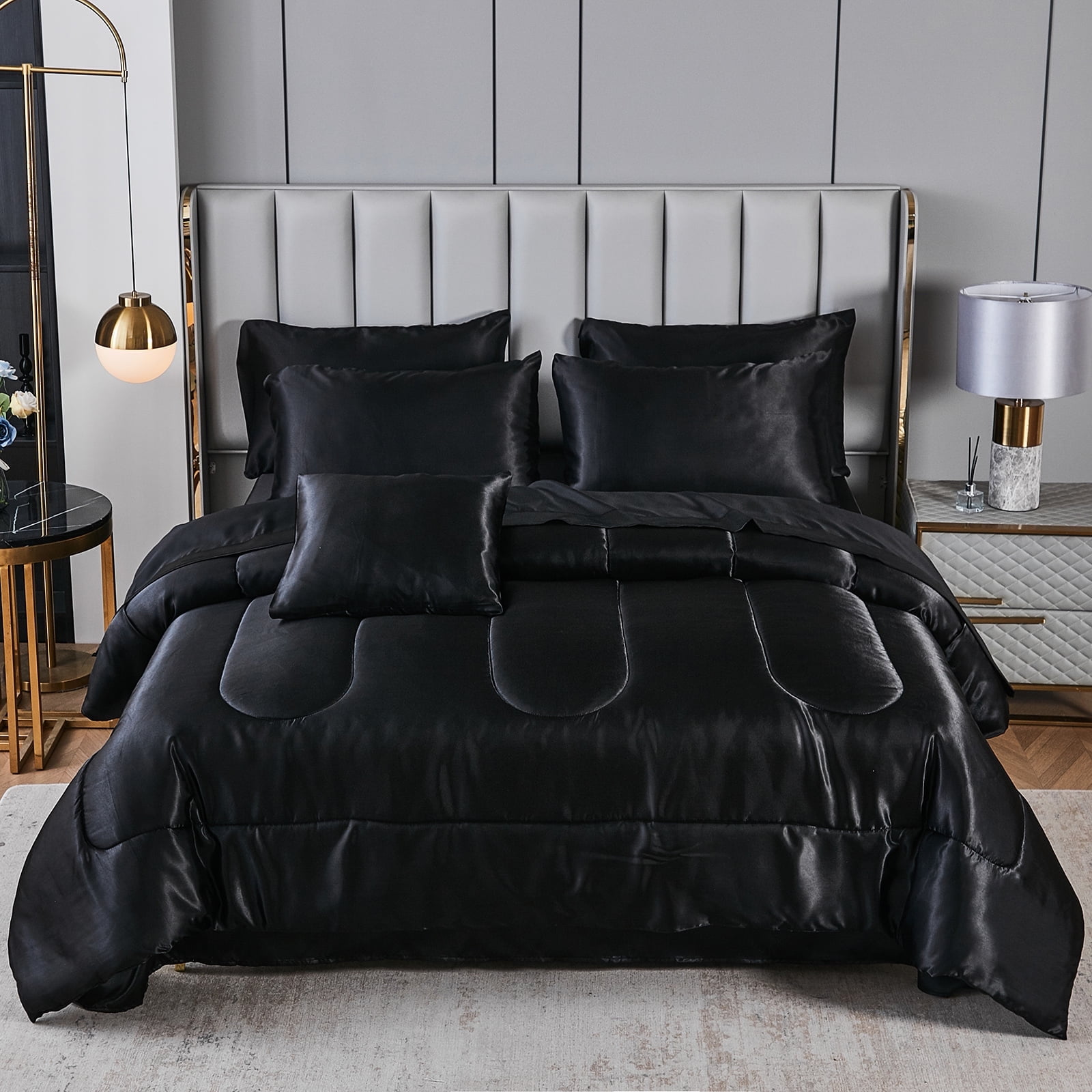 Move Over Black Satin Bed in a Bag Queen Size 8 Pieces Silky Like Satin ...