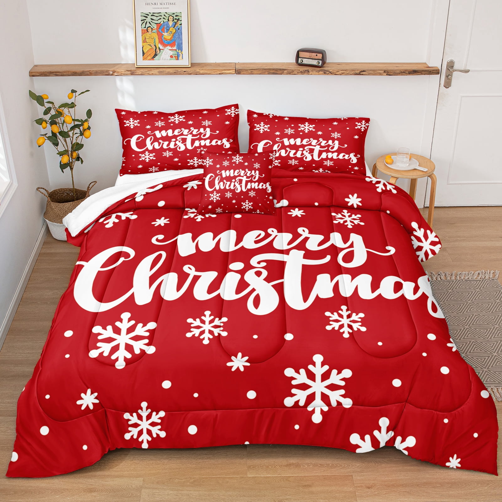 Move Over Christmas Comforter Set Queen Red Snowflake Christmas Bedding ...
