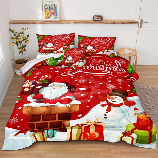 Move Over Christmas Comforter Set Queen Santa Claus and Snowman Pattern ...