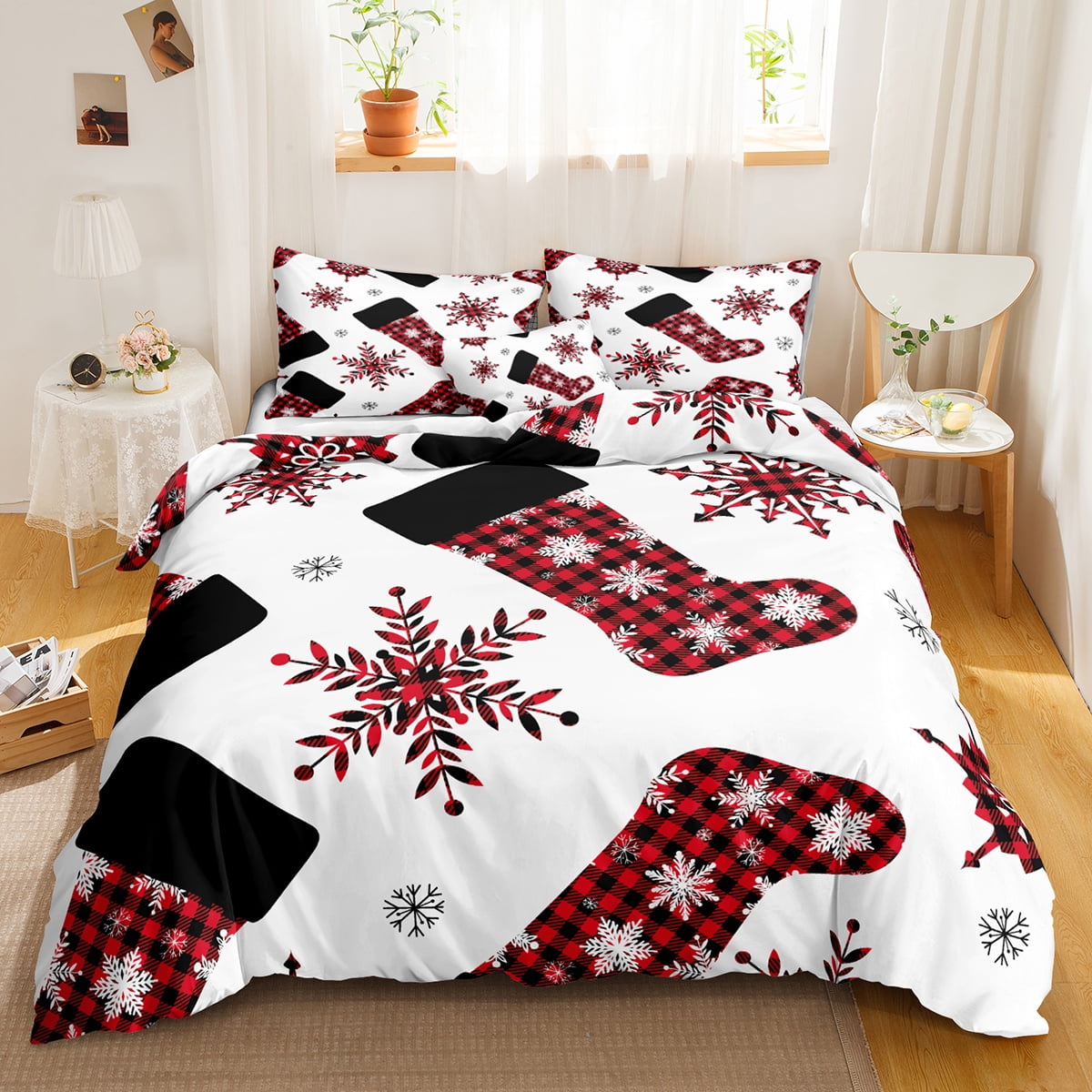 Move Over Full Size Xmas Sock Duvet Cover Set, Red White, Microfiber No ...