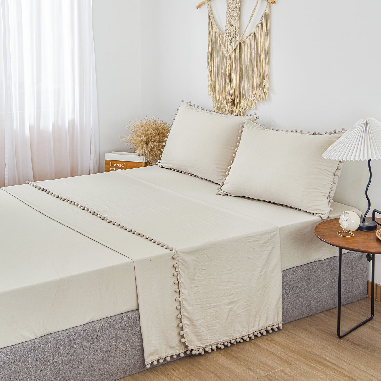 Move Over Cream Sheet Set 4 Pieces Light Taupe Pom Poms Fringe Pattern ...