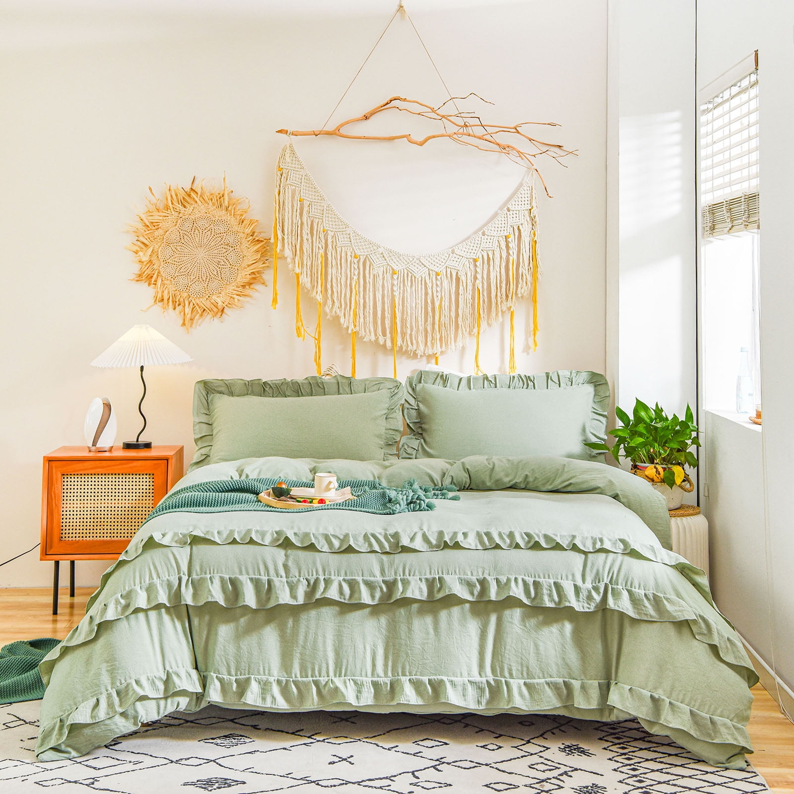 Move Over Dark Green Bedding Sets King Three Layer Ruffle Pattern Solid ...