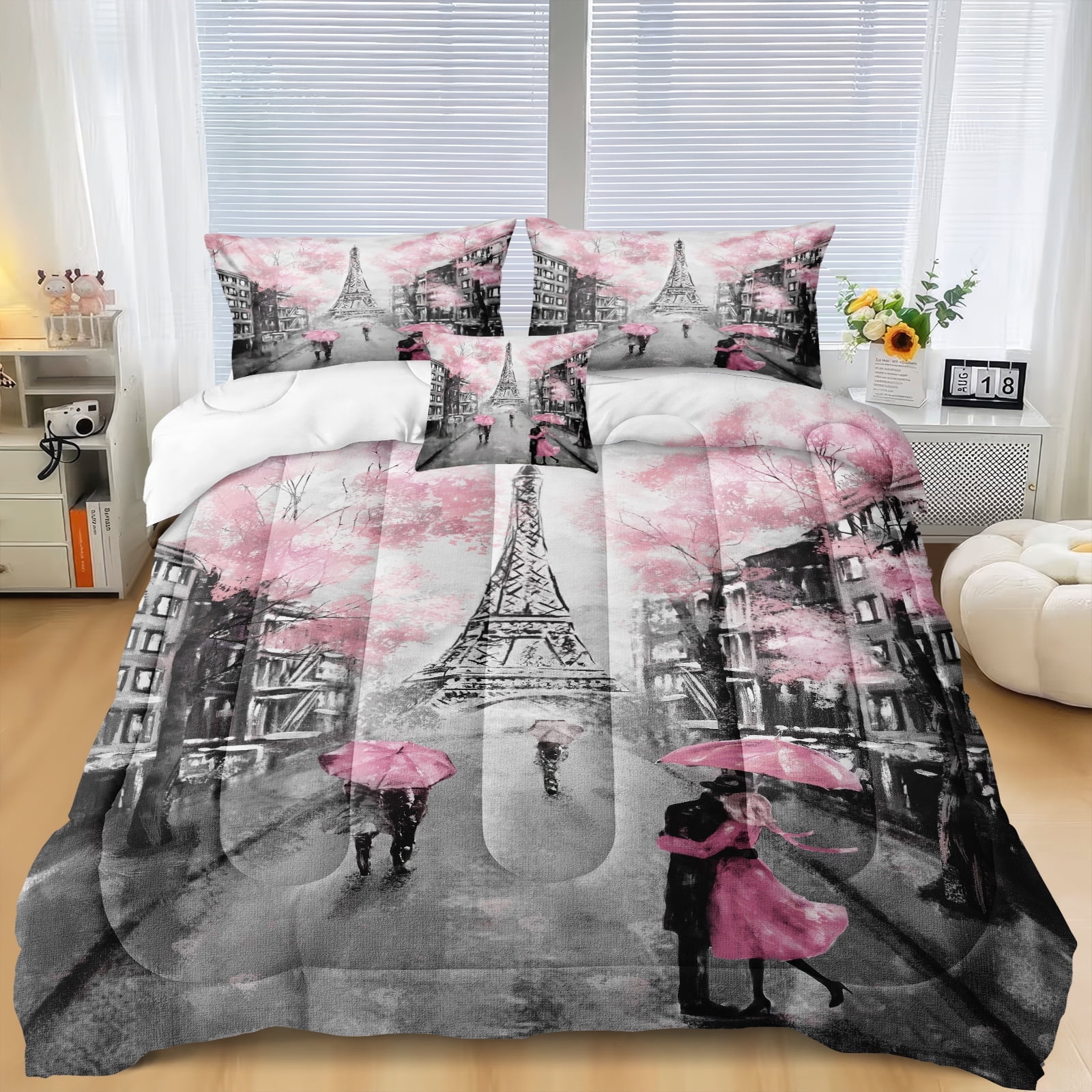 Move Over Eiffel Tower Comforter Set Queen Size Pink Flower Pattern Sweet Couple Lovers and ...