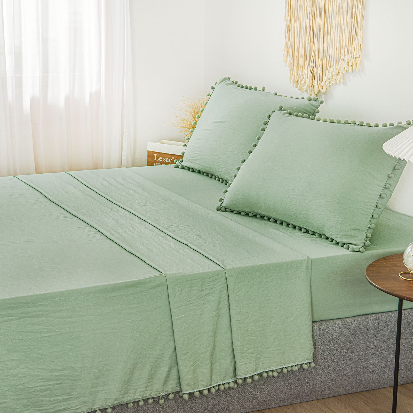 Move Over Green Bedding Set 4 Pieces Solid Green Sheet Set Pom Poms ...
