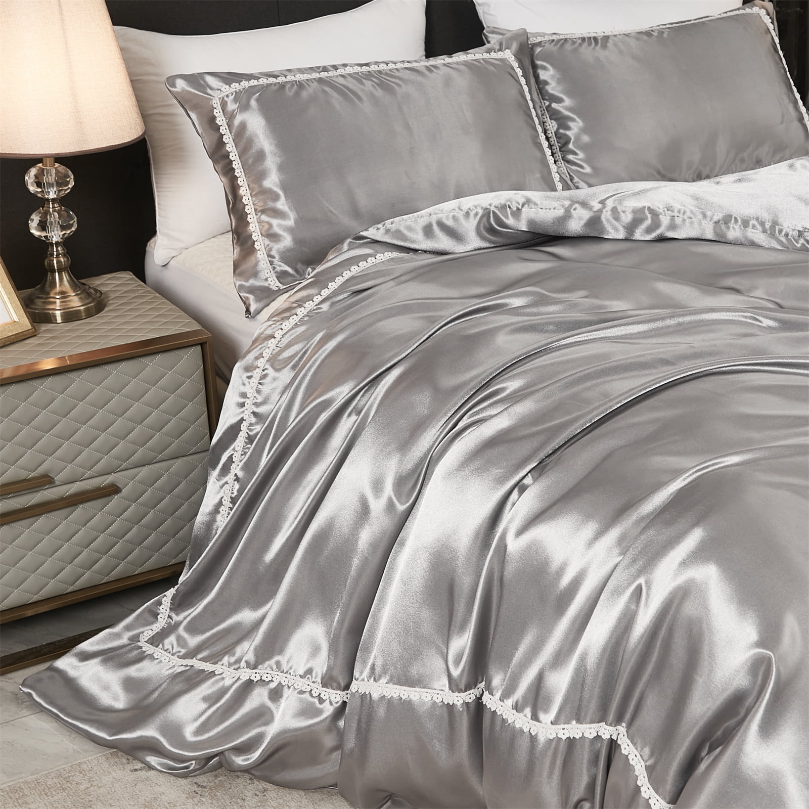 Move Over Grey Satin Bedding Sets Queen Ruched Lace Duvet Cover Set ...