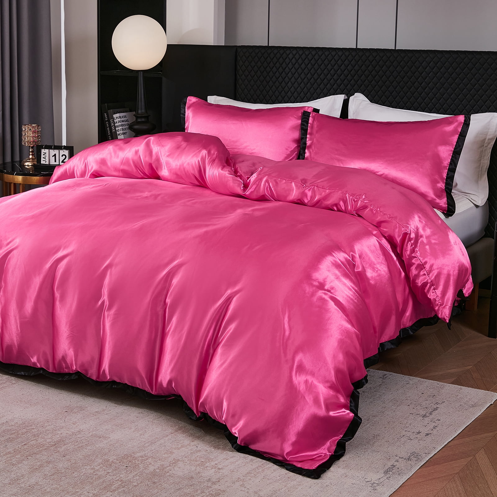 Move Over Hot Pink Satin Duvet Cover Set Twin Black Ruffle Pattern Satin Bedding Set No Filling