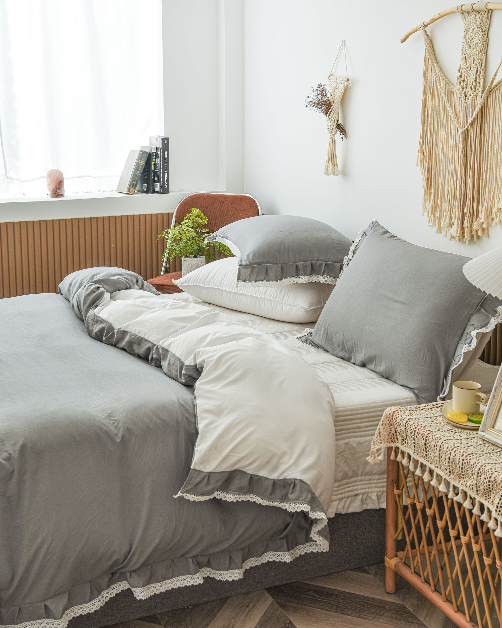 Move Over Lace Ruffle Bedding Sets King Light Grey White Reversible ...