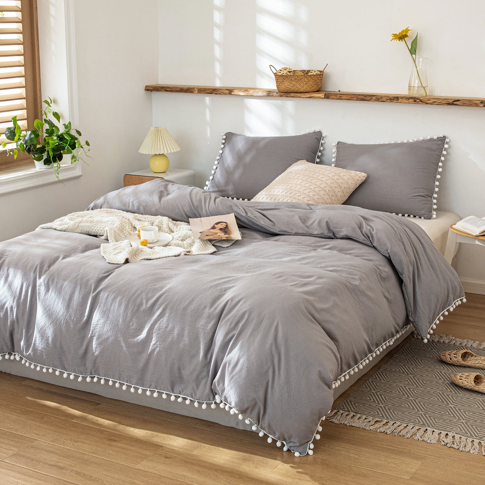 Move Over Light Gray Bedding Set Twin, Pom Poms Fringe Design, Washed ...