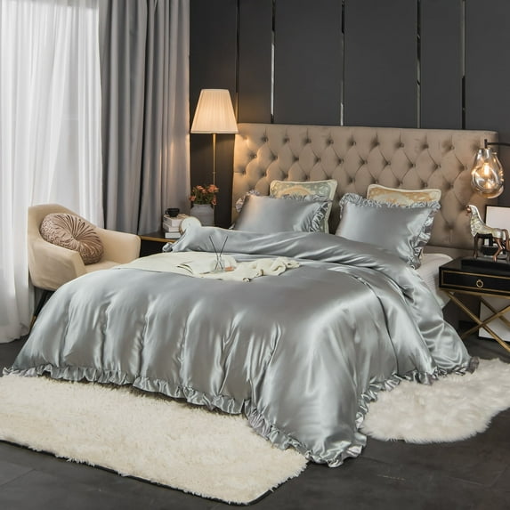 Move Over Light Gray Ruffle Comforter Set King Satin Bedding Set Gray ...