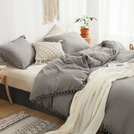 Move Over Light Grey Pom Poms Bedding Set King 100% Washed Microfiber ...